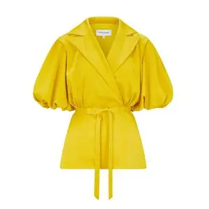 FEMPONIQ Draped Puff Sleeve Satin Blouse - Yellow