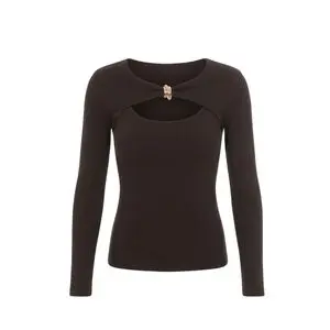 MONLICIA Cutout Long Sleeve Top With Gold Detail - Brown