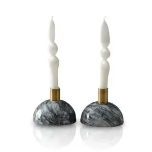 MARLETH Set Of Two Moon Marble Candle Holders – Half Moon Marble & Brass Candlesticks - Grey