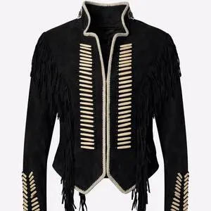 ZASTASTUDIO Warrior Suede Leather Jacket With Beads & Fringes - Black