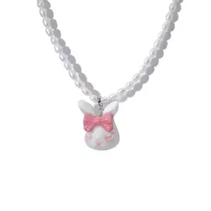 H2 STUDIO H2 Studio Porcelain Bunny Pendant Necklace With Freshwater Pearls Red/pink