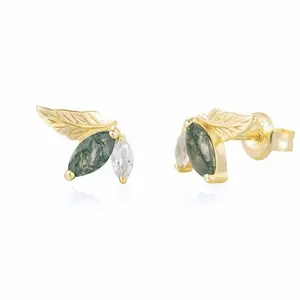 AZURA JEWELRY NEW YORK Verdant Moss Agate Stud Earrings - Gold