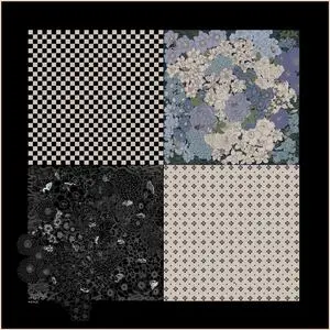 WENZI Black / Blue / Grey Patchwork Of Dreams Hand Painted Pattern Double Sided Silk Twill Scarf - Black/blue/grey