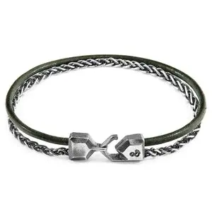 ANCHOR & CREW Racing Staysail Mast Silver & Round Leather Bracelet - Green