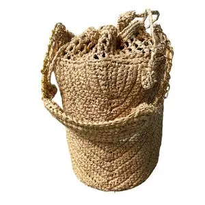 ZANATANY CONCEPTS Raffia Bucket Bag With Chain Strap - Orange