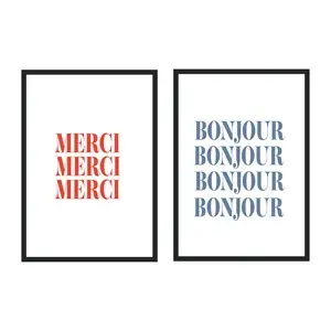 FANCLUB Blue / Red Bonjour And Merci French Giclée Art Print Set In A2 - Blue/red