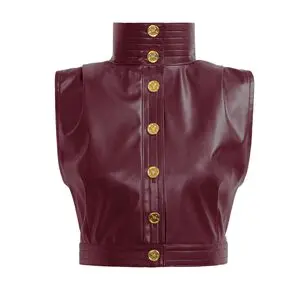 KARGEDE Leather Vest With High Neck And Gold-tone Button Closure