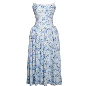 MISS CIRCLE NEW YORK Paloma Print Linen Corset Draping Top Midi Dress