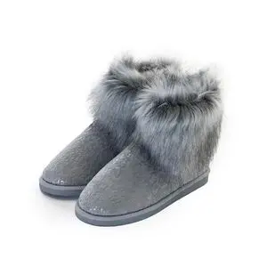 PRETTY YOU Giselle Foil Detail Fur Lined Bootie Slipper - Grey