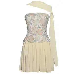 MISS CIRCLE NEW YORK Beaded Floral Mini Chiffon Dress With Scarf - Yellow