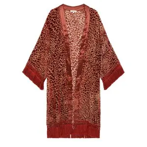 LITTLE LIES Devore Kimono With Fringe - Brown/red/orange