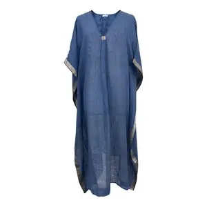 JOSHI V-neck Linen Kaftan With Metallic Border - Blue