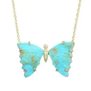 KAMARIA Natural Turquoise And Diamond Butterfly Pendant Necklace - Blue