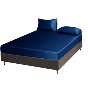 SOFT STROKES SILK Pure Mulberry Silk Seamless Fitted Sheet Queen Navy - Blue