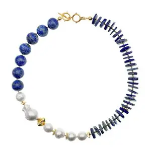 FARRA Lapis Lazuli, Baroque & Freshwater Pearls Short Necklace - Blue/white