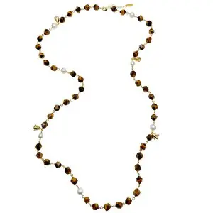 FARRA Tiger Eye And Freshwater Pearls Station Necklace - Brown