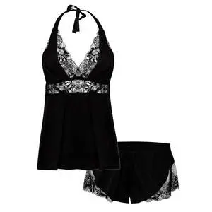 OH!ZUZA NIGHT&DAY Satin Pajama Set With Lace - Black