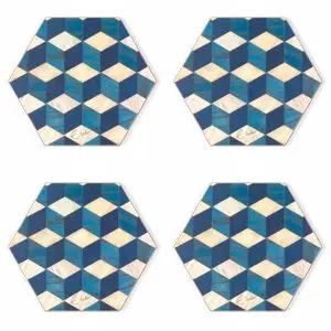 E. INDER DESIGNS Blue / White Four Coaster Set In Blue And White Geometric Pattern. Heat Proof Melamine - Blue/white