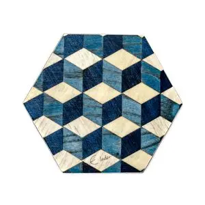 E. INDER DESIGNS Blue / White Six Coaster Set In Blue And White Geometric Pattern. Heat Proof Melamine - Blue/white