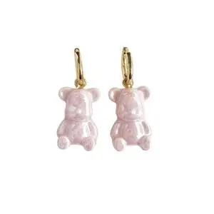 POPORCELAIN Teddy Bear Drop Earrings - Gold/pink