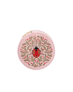 FABLE ENGLAND Ladybird Velvet Embroidered Circle Jewellery Box - Pink