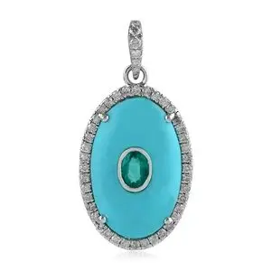 ARTISAN 18k White Gold Turquoise, Emerald And Diamond Pendant - Blue/white