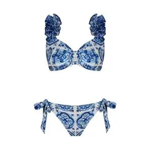 NUR KARAATA Lily Bleu Blanc Low Waist Bikini Set - Blue
