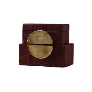 MARLETH Set Of Two Embossed Leather Boxes With Brass Handles - Red/gold