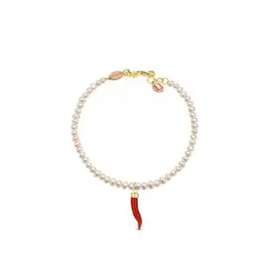 UNALOE Baroque Pearl And Cornicello Charm Bracelet In Gold Vermeil - White/gold/red
