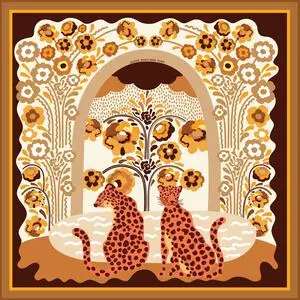 JESSIE ZHAO NEW YORK Double Sided Silk Scarf Of Leopards With Floral Fountain - Brown