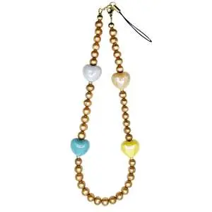 FARRA Golden Color Freshwater Pearls With Colorful Ceramic Hearts Phone Strap - Gold