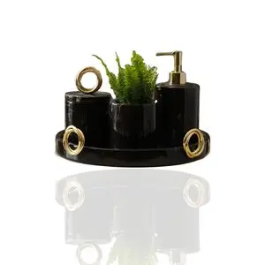 MARLETH Gold / Black Four-pieces Luxury Black Marble Bathroom Set, Gold Ring - Gold/black