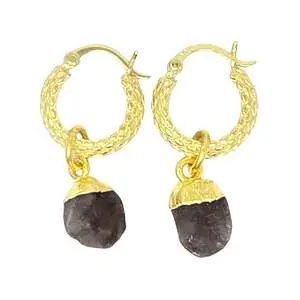 HARFI Gold Vermeil Huggie Hoop Earrings With Raw Herkimer Diamond Pendants - Gold/grey