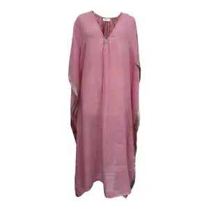 JOSHI V-neck Linen Kaftan - Pink