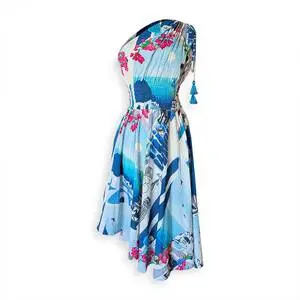 PICK HAPPY One Shoulder Hand-block Printed Dress - Blue