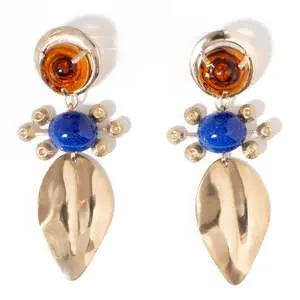 CASTLECLIFF Castlecliff Gold Brass Lapis Lazuli And Tortoise Glass Leaf Drop Earrings Blue/brown/gold