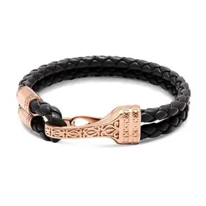 NIALAYA JEWELRY Braided Leather Bracelet With Rose Gold Bali Clasp Black/rose Gold