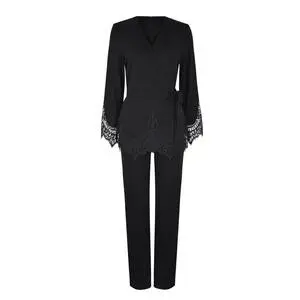 OH!ZUZA NIGHT&DAY Opera Long Wrap Pajama Set With Lace - Black