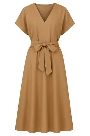 CONQUISTA Belted Linen-style Midi Dress
