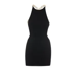 NISSA Backless Knitted Mini Dress With Chain Detail - Black