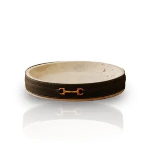 MARLETH Neutrals / Handmade Travertine Tray Beige Stone & Green Leather Belt With Gold Horsebit Detail - Brown