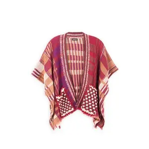 Saachi Crochet Trim Plaid Knit Poncho