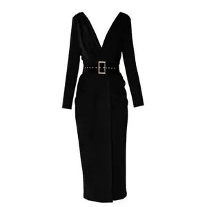 ALINA CERNATESCU Midi Office Dress With Drapery And Textile Belt - Black