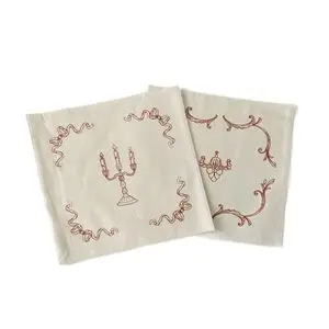 H2 STUDIO Neutrals / Elegant Vintage-inspired Embroidered Tea Towel Set Candelabra & Bow & Vine Design Two Piece Set Medium Cream Beige - Red