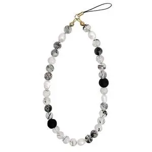 FARRA Rutilated Quartz With Lava Stone And Pearls Phone Strap - Black