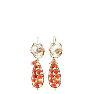 ADDICTED2 Iuventas Bronze & Baroque Pearl Dangle Earrings With Red Cat's Eye Stone - Gold/red/white