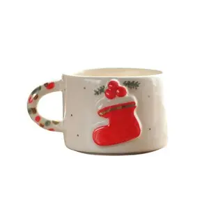 ANATOLIACRAFT Handmade Christmas Stocking Mug With Golden Handle Festive Holiday Mug Collection - Red