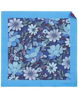 LORDS OF HARLECH Hudson Catalan Floral Merino Handkerchief Pocket Square Navy - Blue
