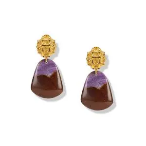 JAREDJAMIN Honeycomb Clip-on Earrings With Jasper And Cubic Zirconia - Brown/gold/purple