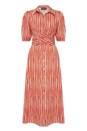 EXQUISE Striped Tie-waist Shirt Dress - Red